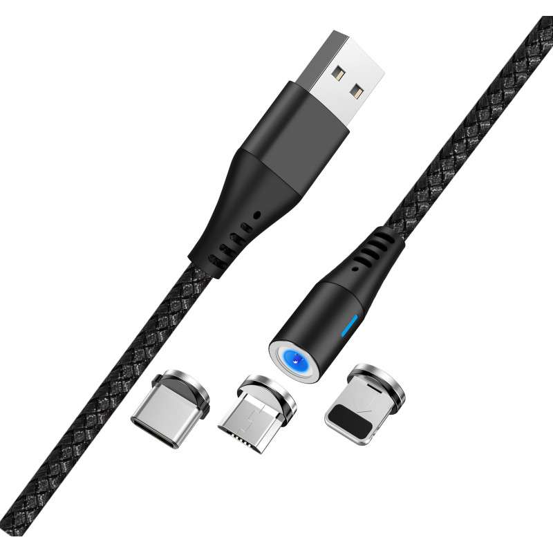 Cabo USB magnético 3-em-1 Lightning + USB-C + micro-USB