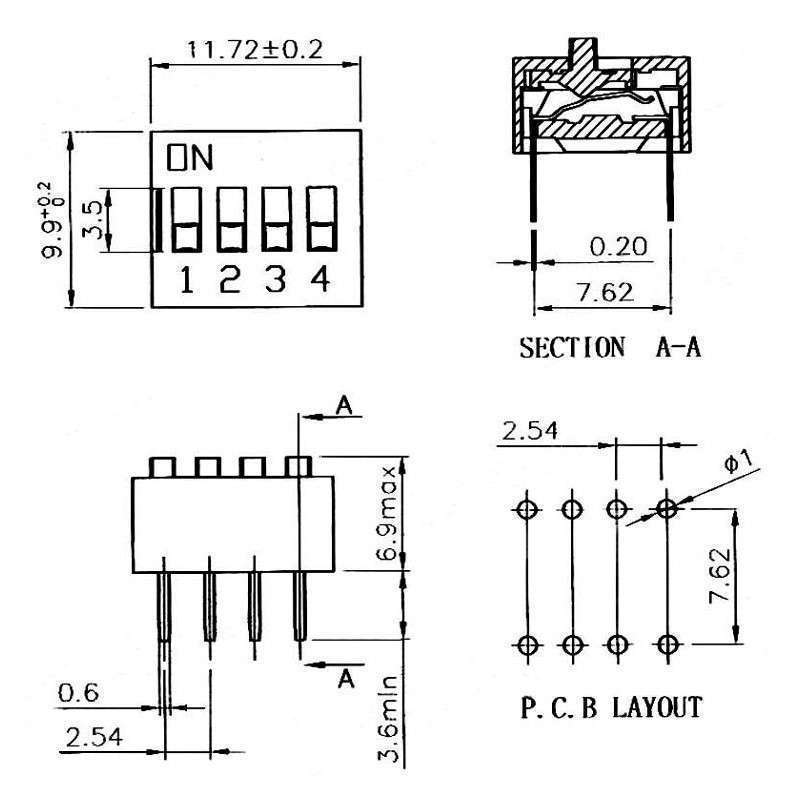 Interruptor DIP (DIP-switch) 4 vias ON-OFF RM2.54mm