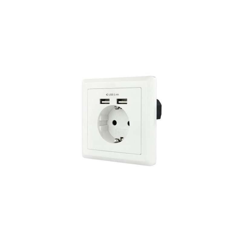 Base de Enchufe de Pared Empotrable Tipo Schuko con 2 Tomas USB 2.4A - Color Blanco