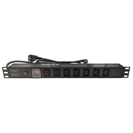 7 IEC-C13 PDU for 19'' 1U rack with male Schuko plug, protection