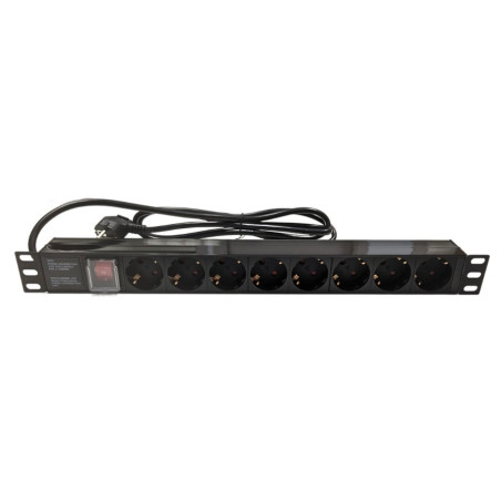 8 Schuko PDU block for 19'' 1U rack with male Schuko plug and switch