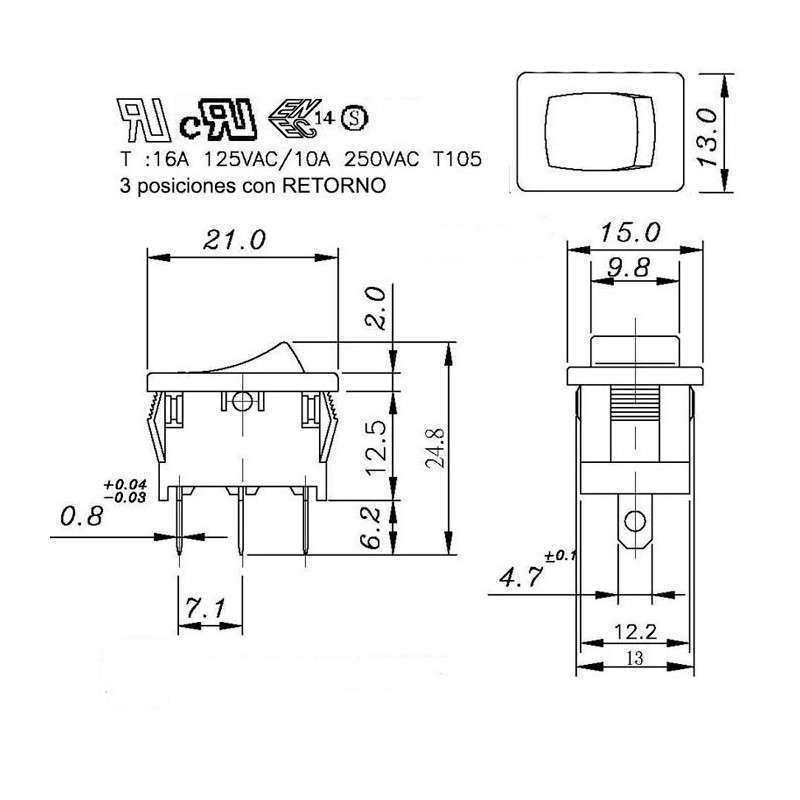 unipolar rocker switch (ON) -OFF- (ON) (I / 0 / II) SP3T 250V 10A