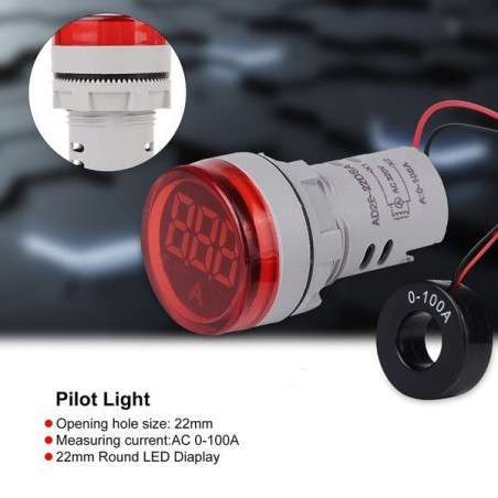 Red Round LED Digital Ammeter for Panel (0 ... 100 Amp.)