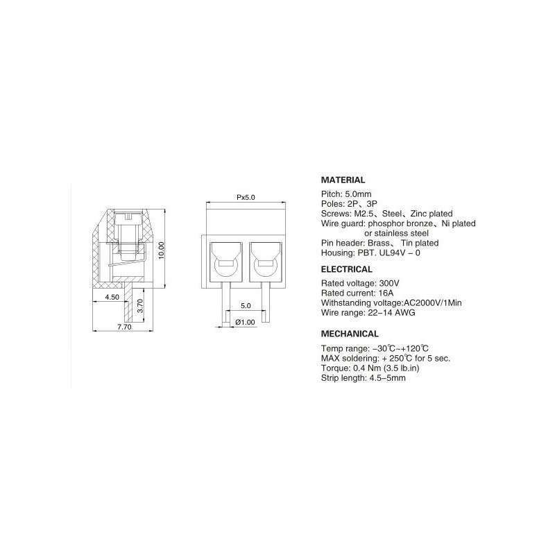2-terminal block with chassis screw - blue