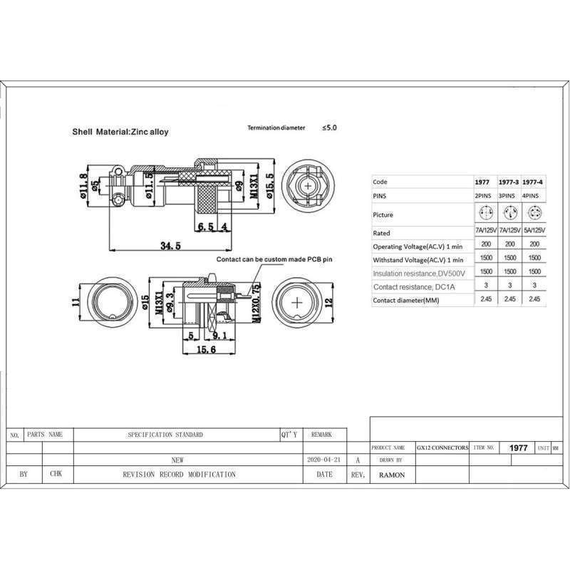 Pair of GX12 / M12 3-pin male and female chassis connectors