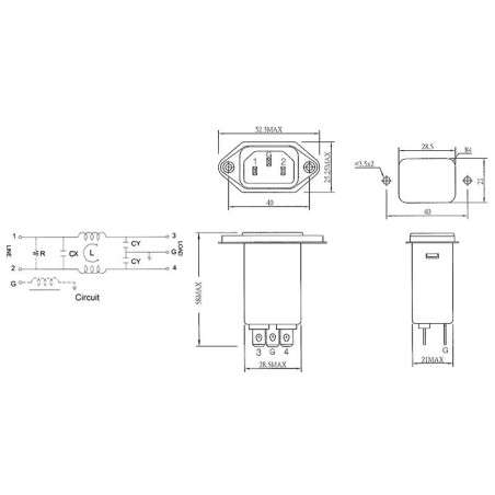 IEC plug C14 (male) 3pin 3A panel with filter
