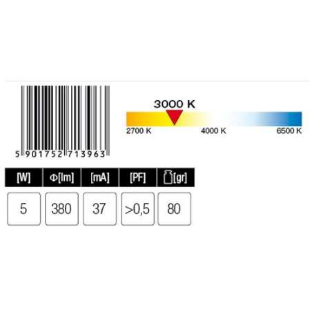 E27 LED 220VAC 5W 3000K 380lm